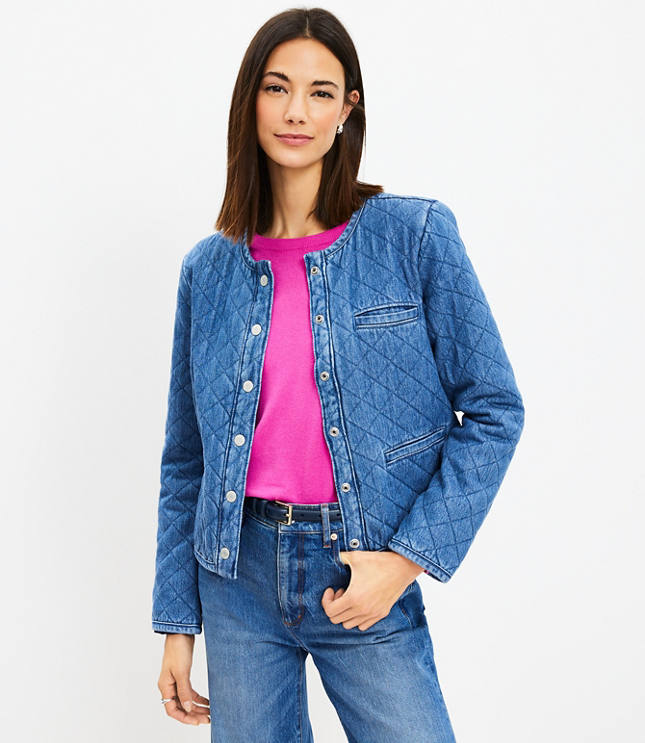 Petite Quilted Denim Jacket in Mid Indigo Wash