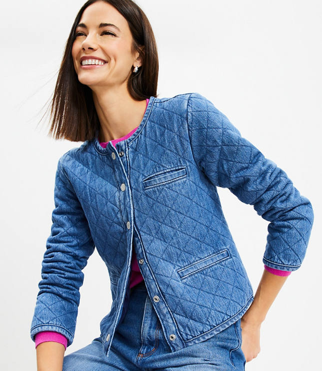 Petite Quilted Denim Jacket in Mid Indigo Wash