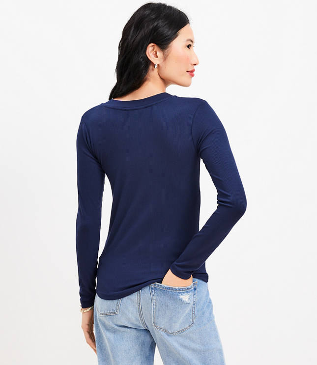 Petite Ribbed V-Neck Henley Top