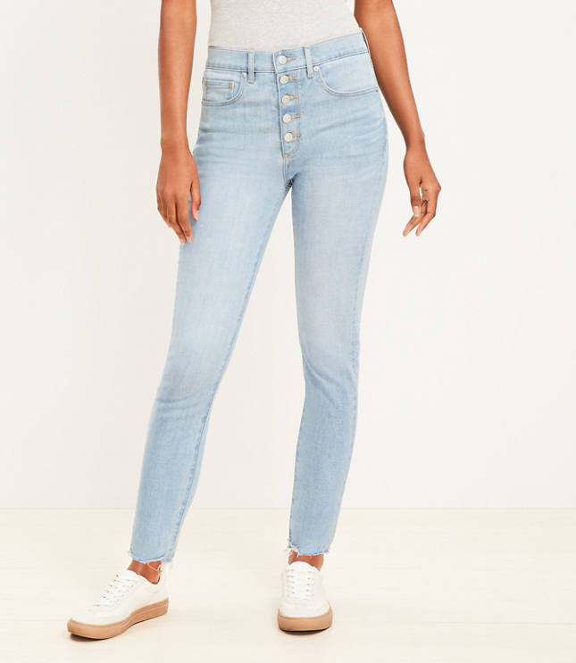 Destructed Button Front High Rise Skinny Jeans in Light Wash
