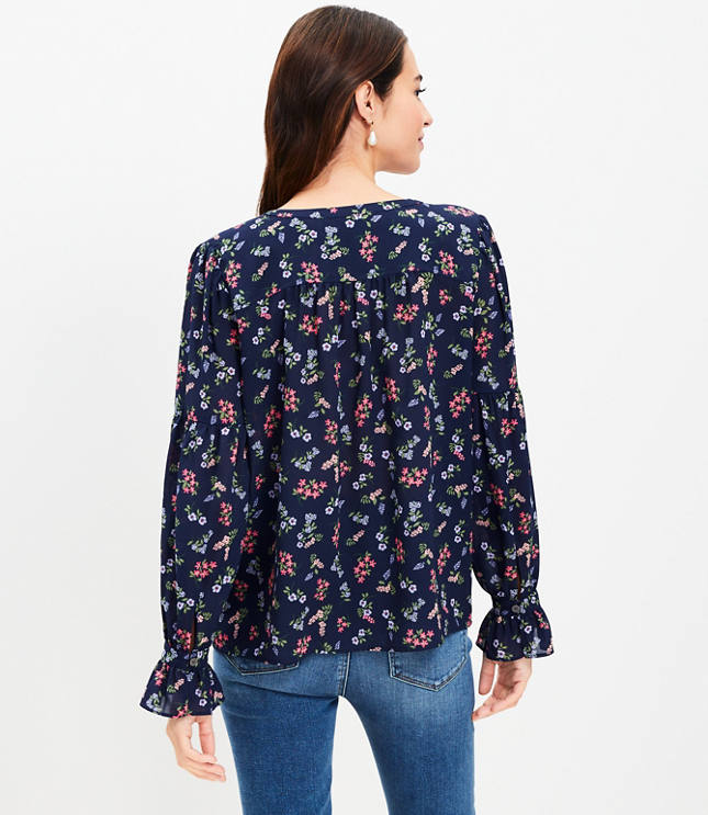Floral Ruffle Cuff Tie Neck Blouse