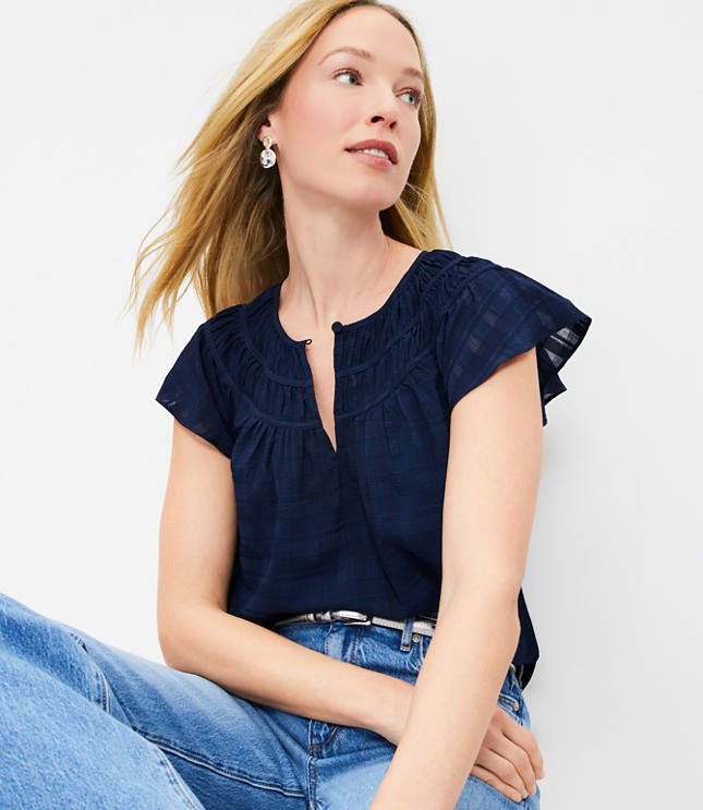 Plaid Textured Ruched Yoke Top