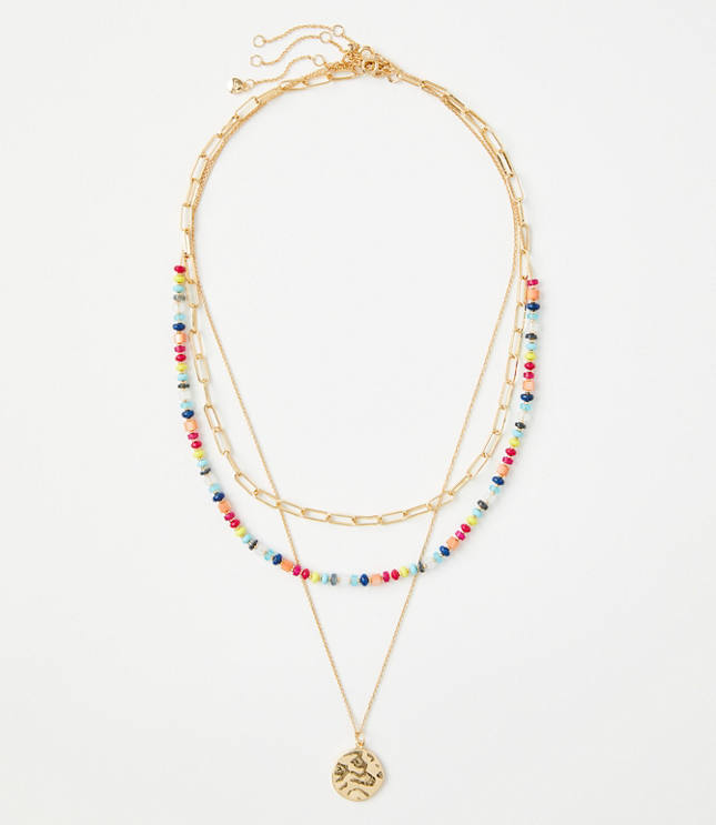 Coin Beaded Layered Chain Link Necklace