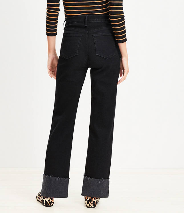 Flip Cuff High Rise Straight Jeans in Washed Black