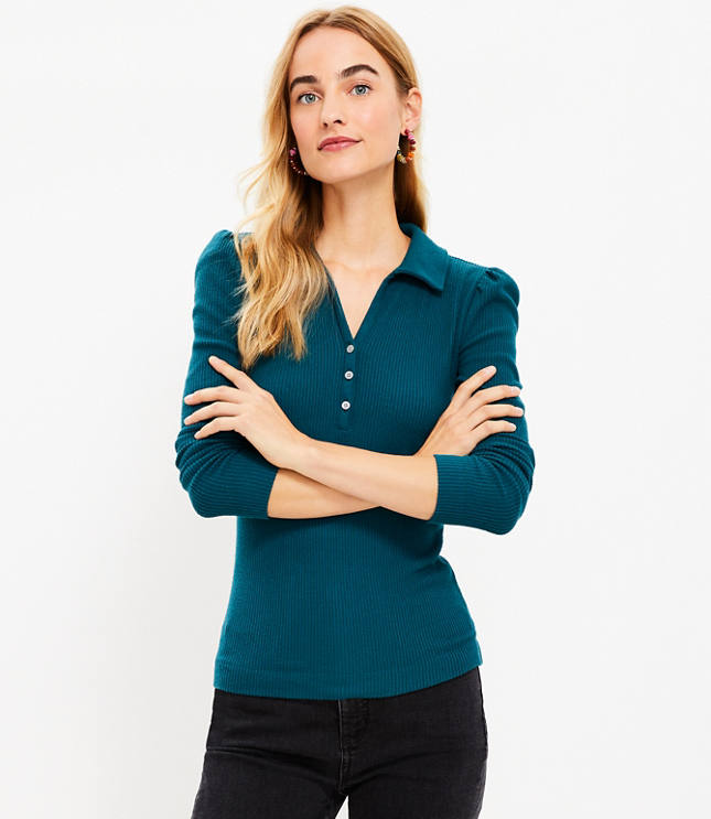 Cozy Ribbed Puff Sleeve Polo Top