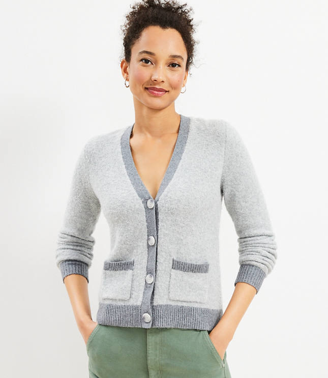 Tipped Boucle V-Neck Pocket Cardigan