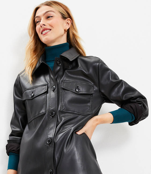 Faux Leather Shirt Jacket