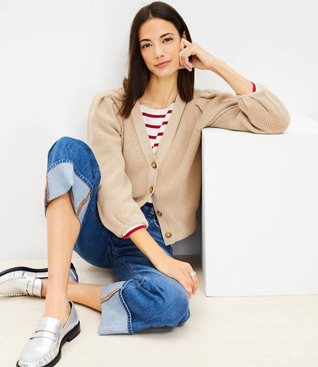 Ribbed Pleated Shoulder V-Neck Cardigan