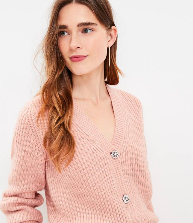Shimmer Ribbed Jeweled Button V-Neck Cardigan
