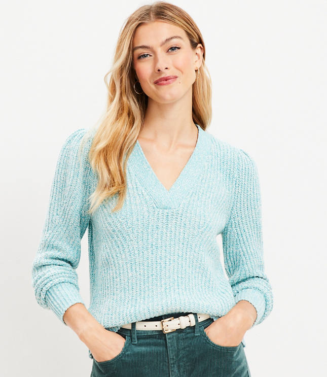 Petite Marled Ribbed V-Neck Sweater