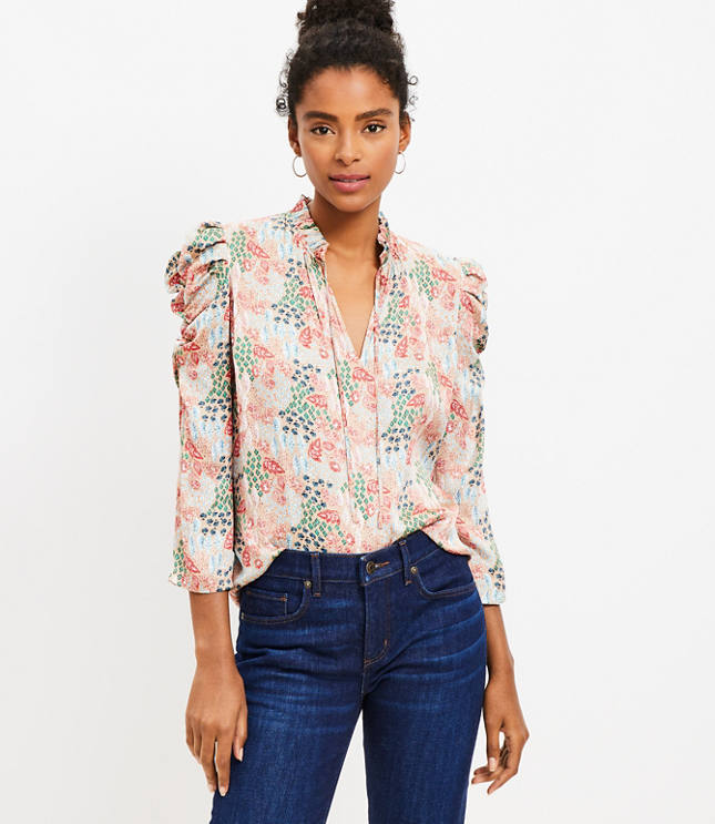 Garden Cinched Sleeve Ruffle Tie Neck Mixed Media Top