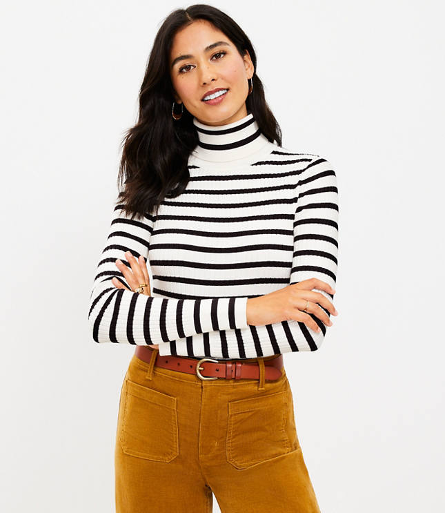 Petite Stripe Ribbed Turtleneck Sweater