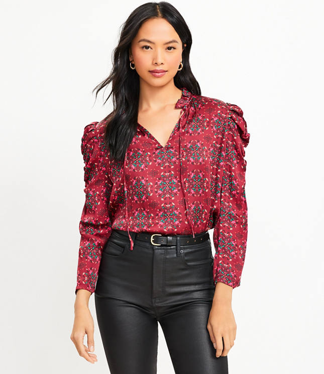 Floral Cinched Sleeve Ruffle Tie Neck Mixed Media Top