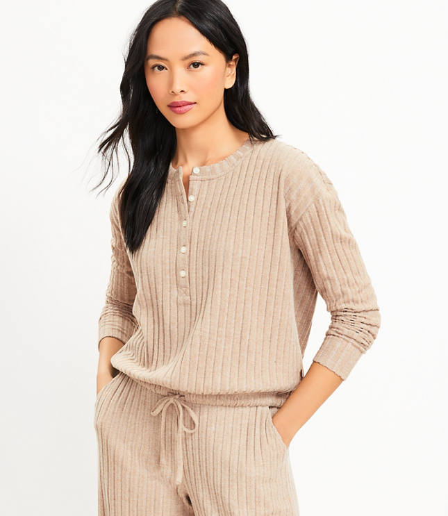 Lou & Grey Brushed Rib Drawstring Henley Top