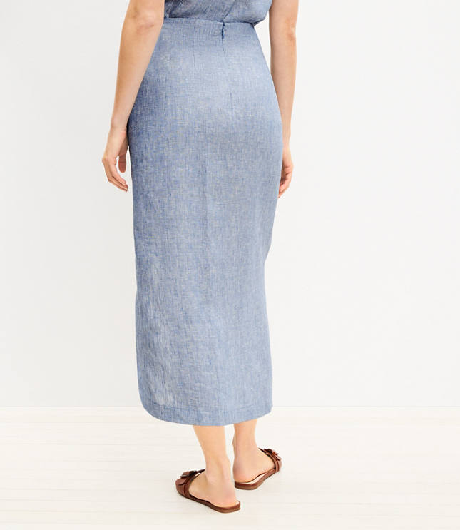Chambray Linen Button Trim Midi Skirt