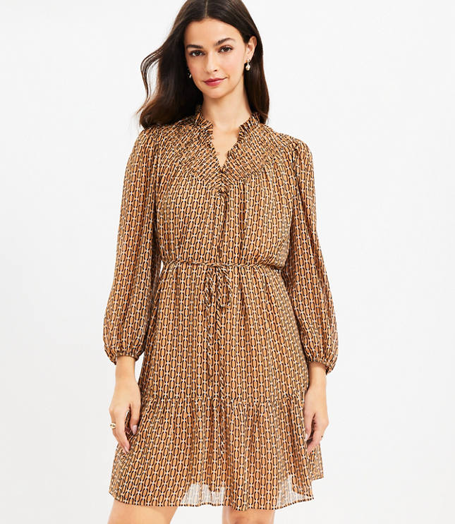 Geo Smocked Ruffle Neck Swing Dress