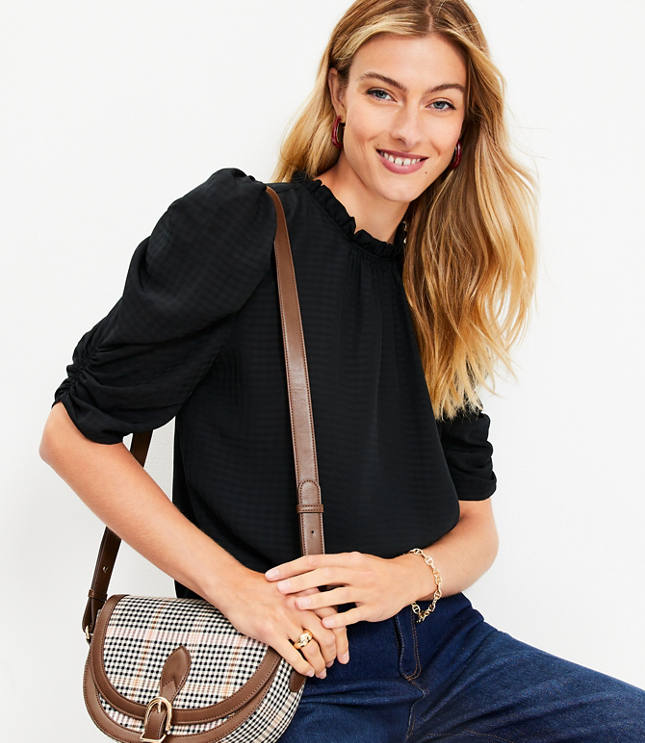 Checked Cinched Sleeve Ruffle Neck Top