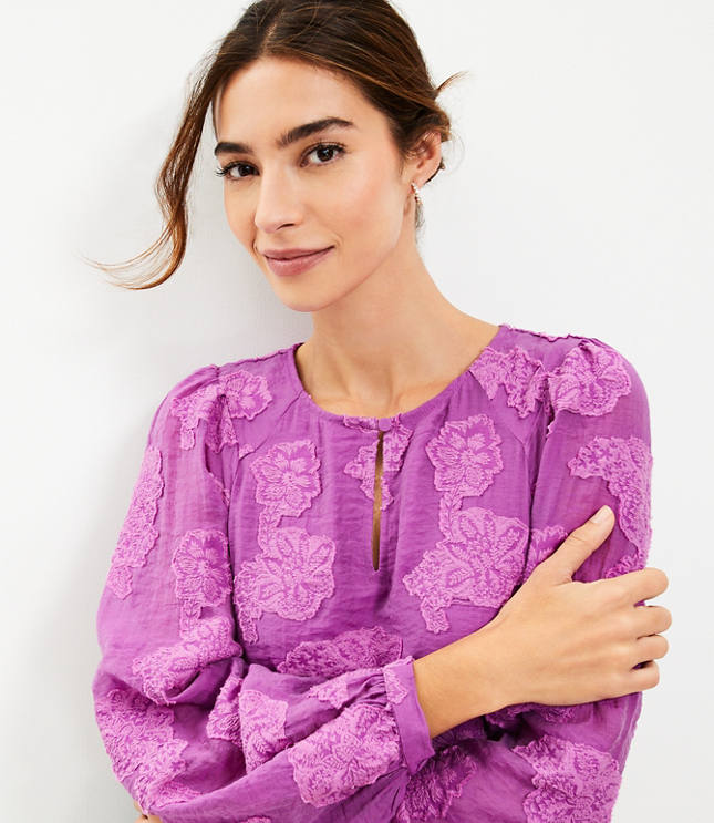 Petite Floral Jacquard Keyhole Blouse