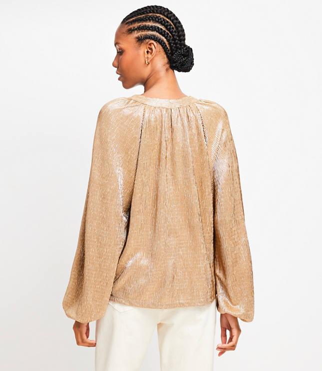 Metallic Pleated Split Neck Top