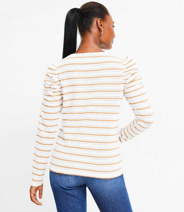 Striped Jacquard Tie Keyhole Ruched Sleeve Top