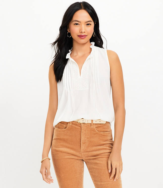 Lace Pintucked Ruffle Tie Neck Mixed Media Shell