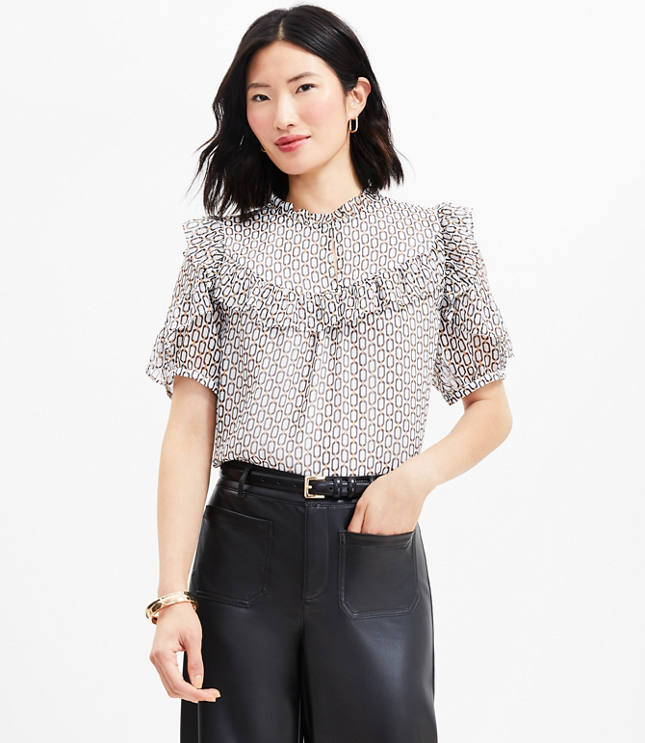Geo Ruffle Trim Round Yoke Top