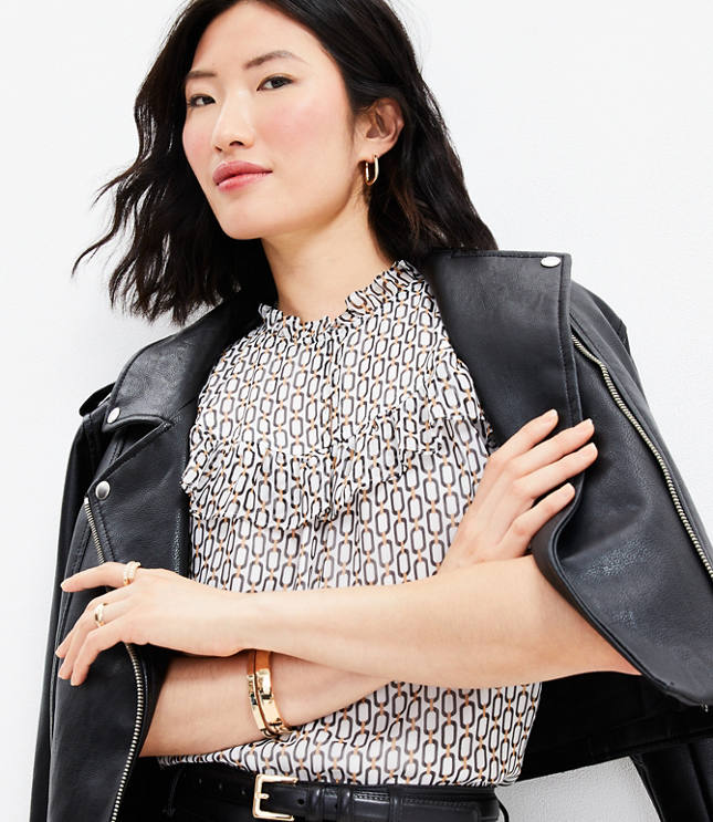 Geo Ruffle Trim Round Yoke Top