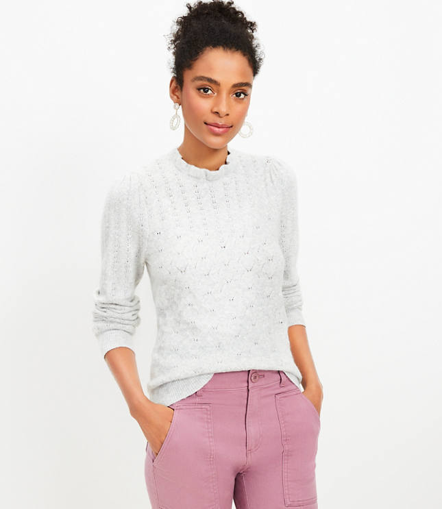 Petite Pointelle Ruffle Neck Sweater