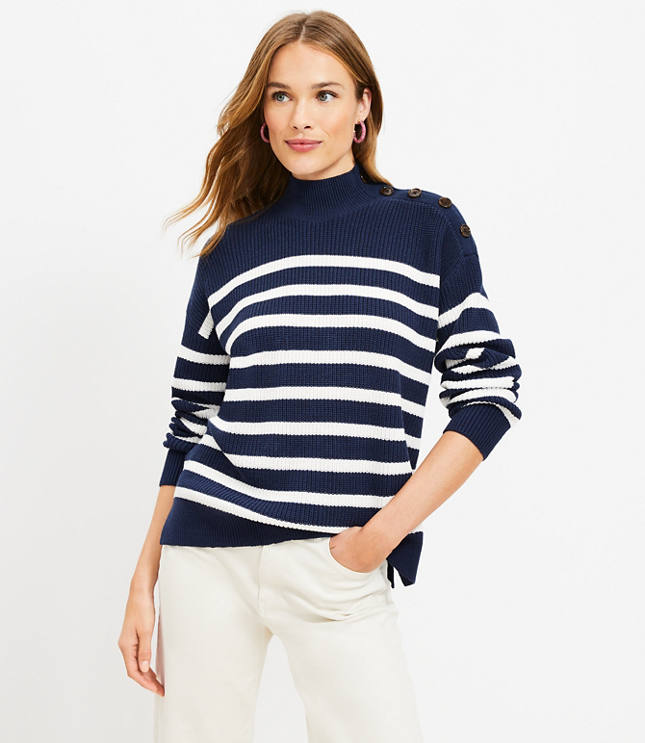 Petite Stripe Ribbed Shoulder Snap Mock Neck Sweater