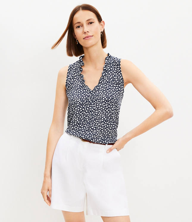 Gingko Ruffle V-Neck Mixed Media Shell